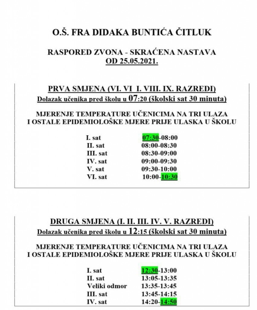RASPORED ZVONA – SKRAĆENA NASTAVA - Osnovna škola fra Didaka Buntića
